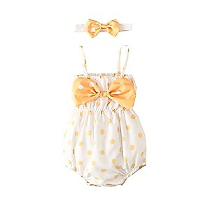 MLAGJSS 2Pcs Baby Girl Clothes Set Ruffles Sleeveless Floral Prints Girls Bodysuit Rompers Jumpsuit Cute Bow Headband Set (Zj42-Yellow,0-3 Months)