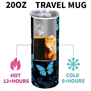 Honeybaby Blue Butterfly Coffee Tumbler 20 oz with Straw & Lid Leak Proof Tumbler Reusable Stainless Steel Tumblers Insulated Water Bottles Gifts for Women Men
