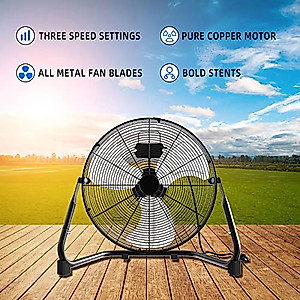 SKINNYBUNNY 20 Inch 3-Speed High Velocity Heavy Duty Metal Industrial Floor Fans Quiet for Home, Commercial, Residential, and Greenhouse Use, Outdoor/Indoor, Black, 20"