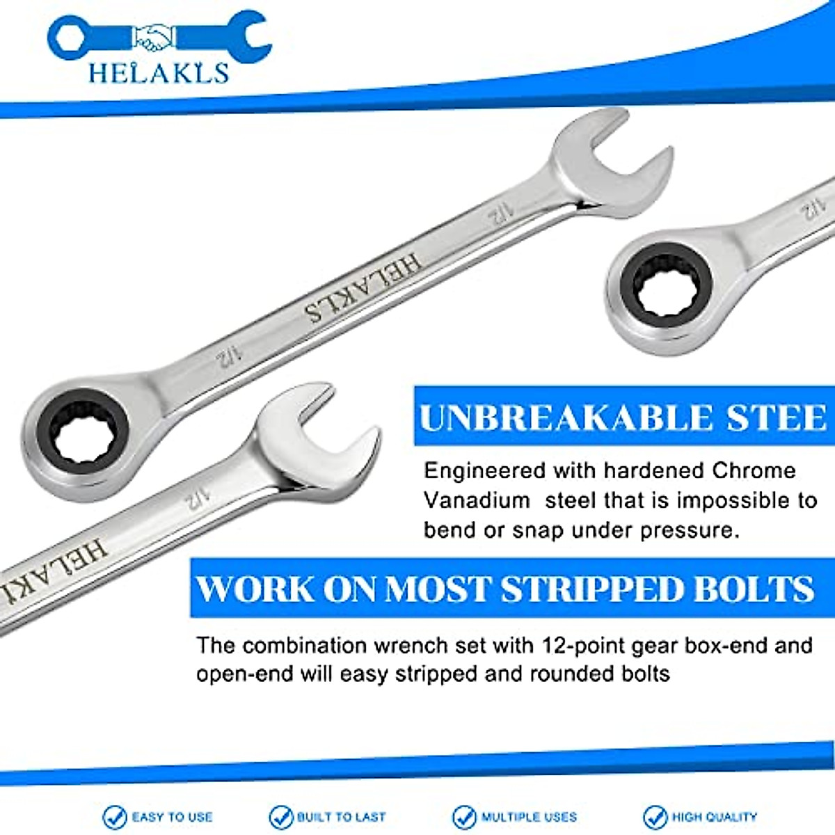 HELAKLS 10-Piece 1/4-3/4 Inch Ratchet Wrench Set Chrome Vanadium Steel SAE Combination Box Open Ended Standard Kit Tool for Mechanic with Portable Suspended Canvas Bag