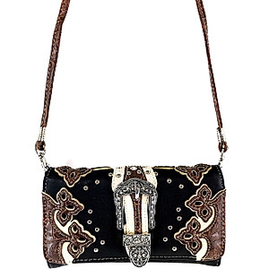 Justin West Western Purse Tooled Laser Cut Floral Design Studs Rhinestone Buckle Concealed Carry Handbag With Trifold Wristlet Cross Body Strap Wallet Set (Black White)