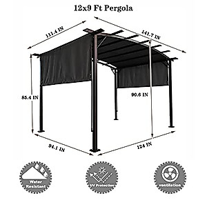 12 X 9 FT Gazebo Outdoor Waterproof Outdoor Grape Shade Canopy Tent with Retractable Shade Canopy, Sturdy Retractable Pergola for Grill, Yard, Commercial