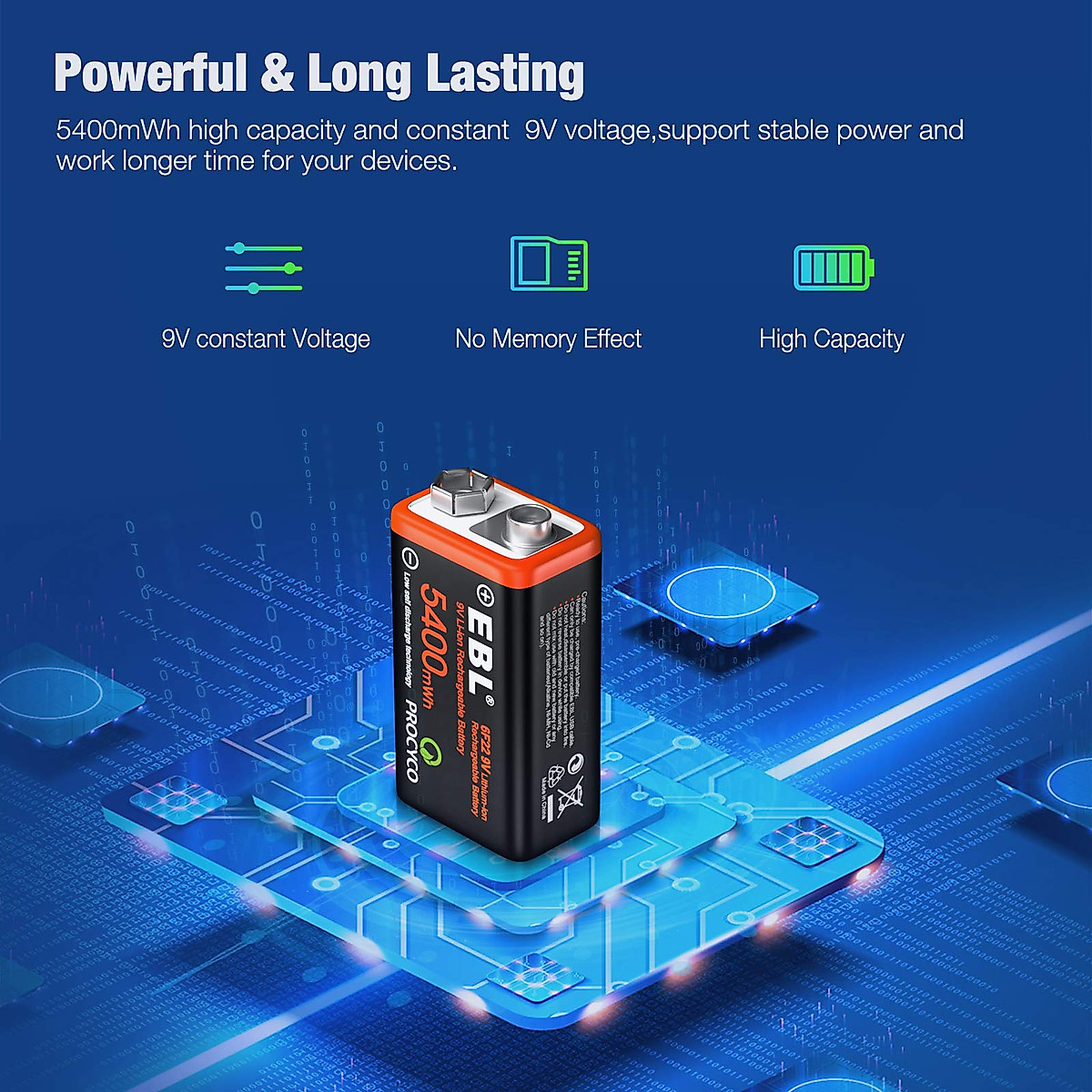 EBL USB Rechargeable 9V Lithium Batteries - 5400mWh Long Lasting LI-ion Batteries with Micro Charging Cable - Quick Charge in 2 Hours (4 Pack)