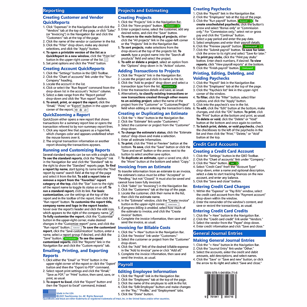QuickBooks Online Quick Reference Training Card - Laminated Tutorial Guide Cheat Sheet (Instructions and Tips)