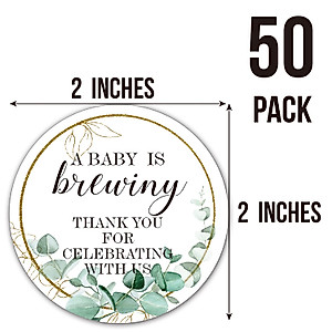 50 Greenery A Baby is Brewing Stickers - Gender Neutral Baby Shower Favor Stickers for Invitations, Candles, Popcorn, Water Bottles - 2 Inches.