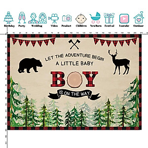 SeekPro 7x5ft Lumberjack Baby Shower Backdrop Red Plaid Bear Adventure Begins Boy Baby Shower Photo Background Baby Shower Party Supplies SK6211B