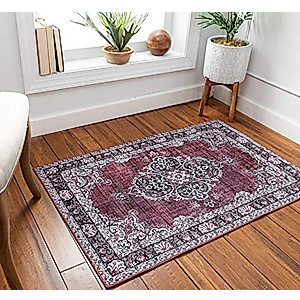 Well Woven Mareva Machine Washable Burgundy Red Vintage Oriental Medallion Area Rug 2x4 (2'6" x 3'9")