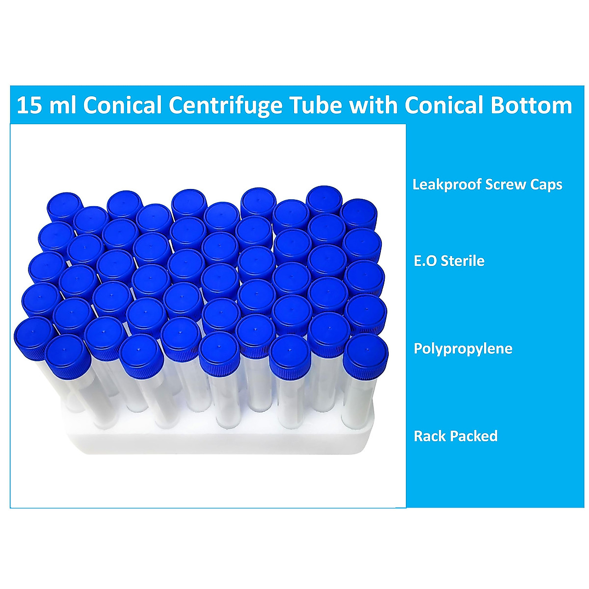 15 ml Conical Centrifuge Tube with Conical Bottom, Leakproof Screw Caps, Sterile, Polypropylene (PP), Rack Packed (Pack of 50)