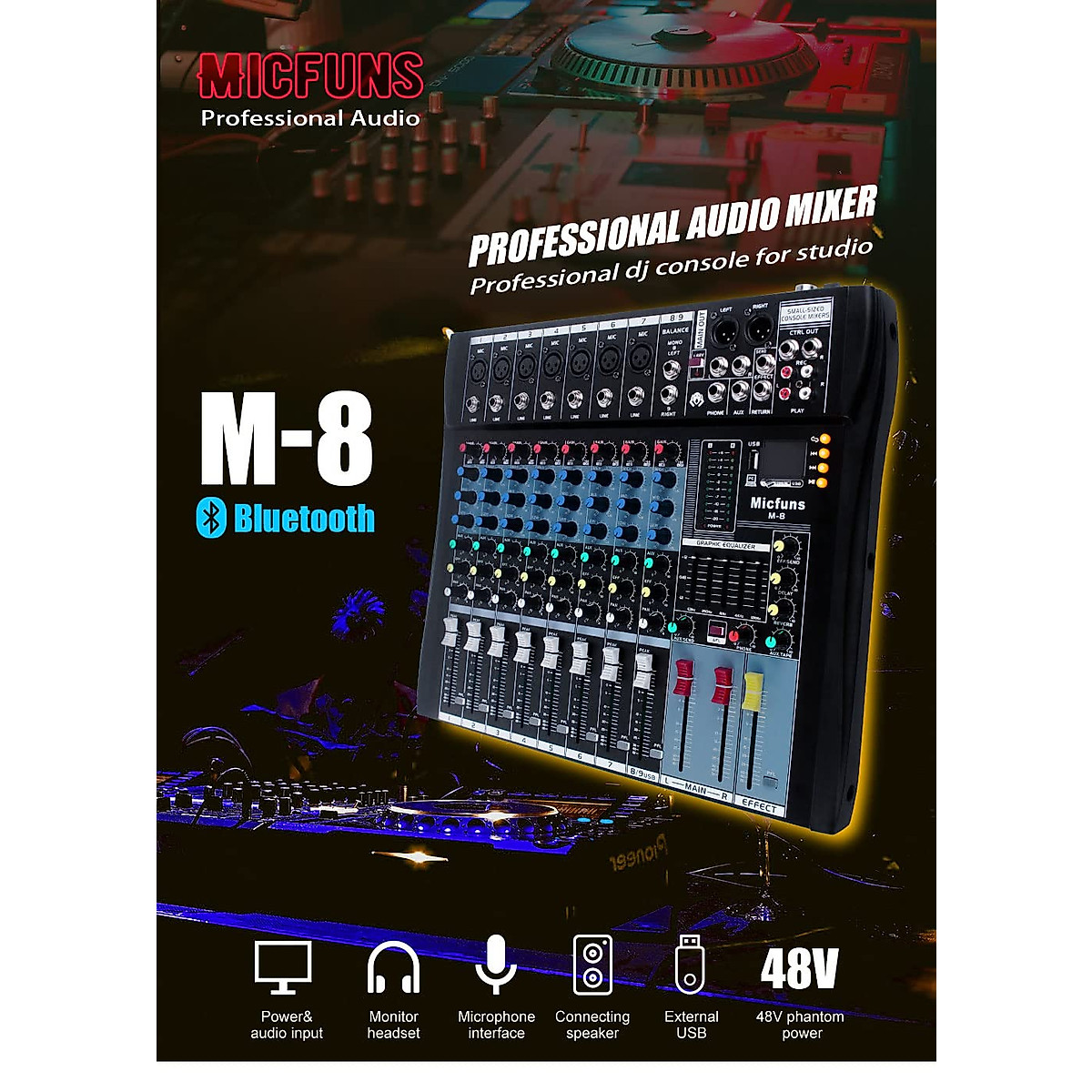 DJ Console Mixer Micfuns 8 Channel with Sound Board USB Bluetooth Audio Interface 48V Phantom Power Mixer Use for DJ Studio PC Recording Singing Webcast Party