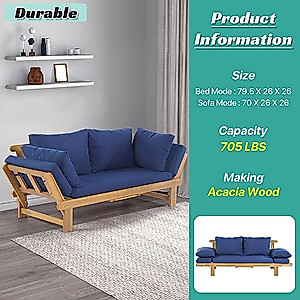 Yewuli Wooden Outdoor Futon Sofa, Couch with Adjustable Armrest,Convertible Outdoor Sofa Daybed with Expandable Plate,Acacia Wood Expandable Sofa with Cushions and Pillows for Backyard, Balcony,Patio