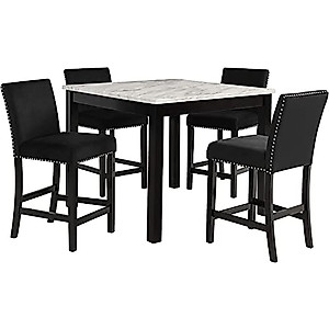 New Classic Furniture Celeste Faux Marble Counter Dining Table with Four Chairs, 5-Piece, Black
