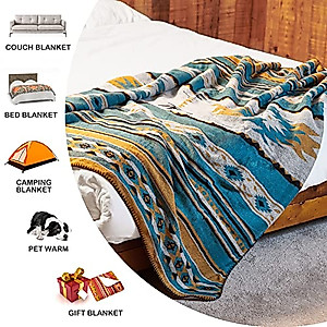 Aztec Patterned Throw Blanket with Soft Sherpa Lining, Traditional Southwestern Navajo Tribal Style Warm Throw for Camping, Outdoor, Light Weight Cozy Boho Blanket for Couch, Sofa, Bed, 50”x60”, Teal