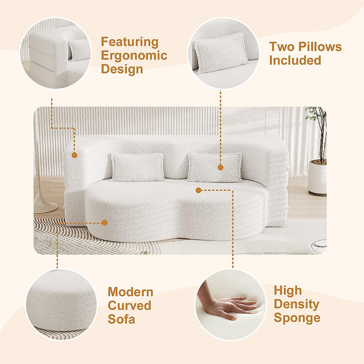 78" W Folding Sofa Bed, Modern Convertible Sofa Couch with Two Pillows, 15" H Full Size Sofa Sleeper Couch, Teddy Cloud Sofa with Foam Filled, No Assembly Required, for Living Room, Apartment - Beige