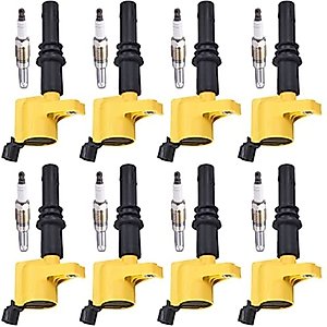 ENA 8 Yellow Ignition Coil Pack and Platinum Spark Plug Set Compatible with Lincoln Ford Expedition F150 F250 F350 F450 F550 Super Duty Mark Navigator 5.4L 6.8L Replacement for FD508 SP515 SP546 DG511