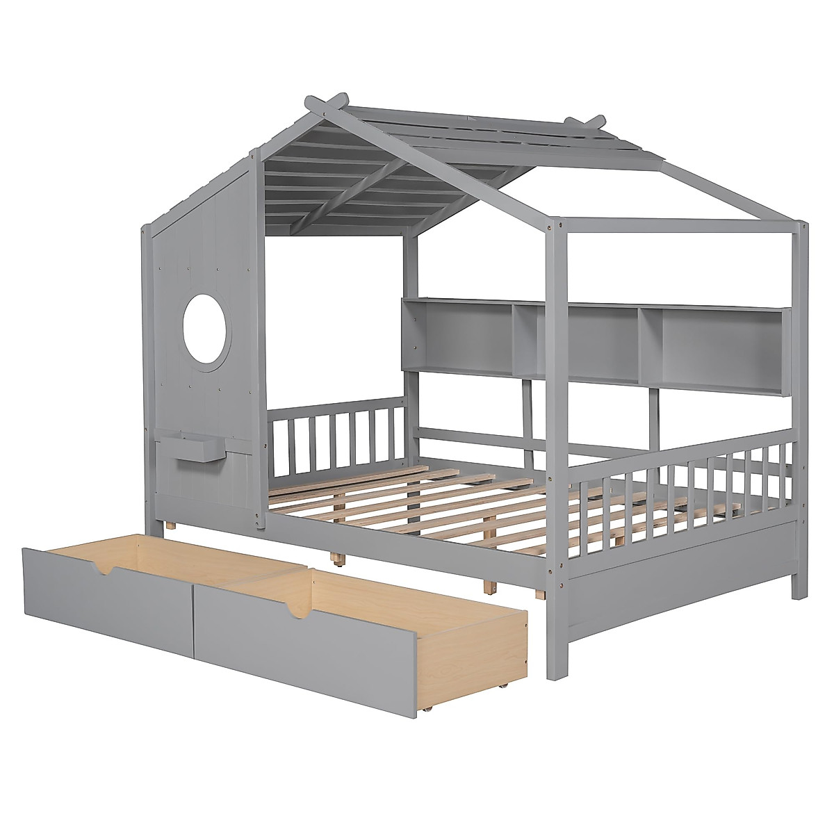 Full Size House Bed with Storage Drawers and Shelves, Wood Montessori House Bed Frame, Kids Playhouse Tent Bed for Girls Boys, Gray
