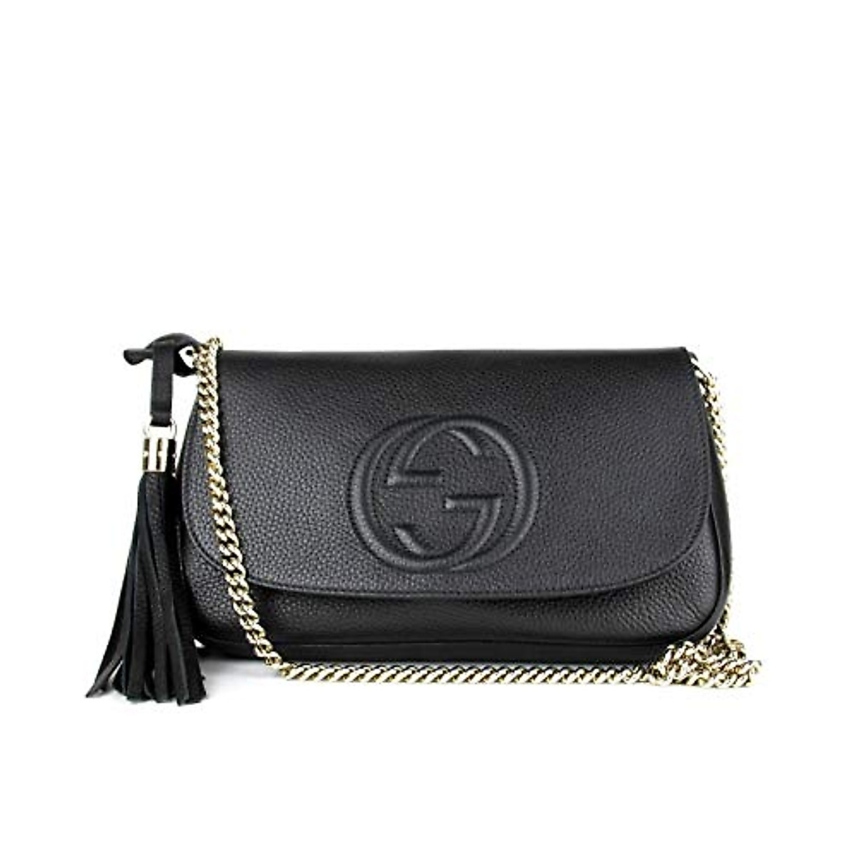 Gucci Soho Leather Flap Shoulder Bag Black Gold Tassel New Authentic