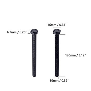 Bettomshin M10x130mm Hex Screws Bolts Carbon Steel Fastener Rustproof Metric Fully Threaded Replace Bolt Black 5Pcs