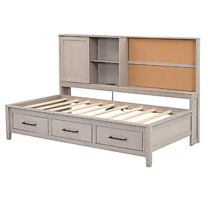 Ball & Cast Twin Daybed with Storage Shelves and 3 Drawers,Bed Frame W/USB Ports,Sliding Doors & Cork Board,for Bedroom,Guest Room,Apartment,Antique Gray