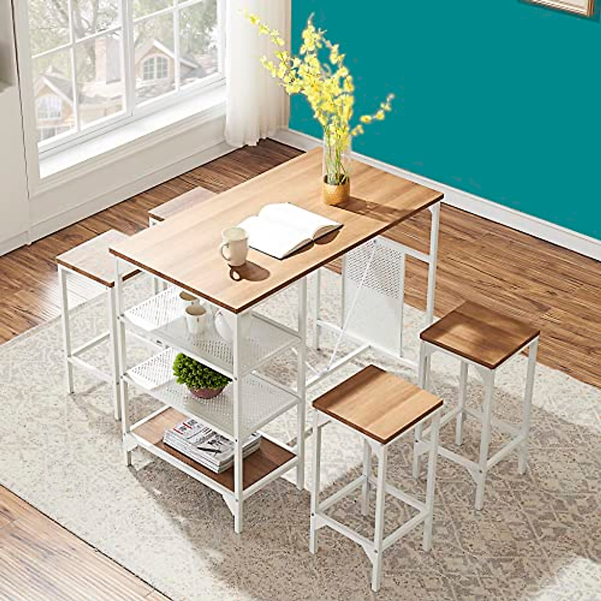 O&K FURNITURE Small 5-Piece Dining Room Bar Table Set, Modern Industrial Bistro Restaurant Dining Table and Stool Set, Home Kitchen Furniture, Oak Finish