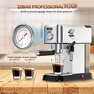 Pokk Espresso Machine, 20 Bar Espresso Maker with Milk Frother Steam Wand for Latte and Cappuccino, Compact Stainless Steel Espresso Coffee Machine with 50oz Removable Water Tank for Home