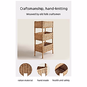 Rattan Shelving Unit 3 Tiers Standing Wooden Caddy | Hand Woven Portable Laundry Bin Basket | Living Room, Bedroom, Kitchen Organizer