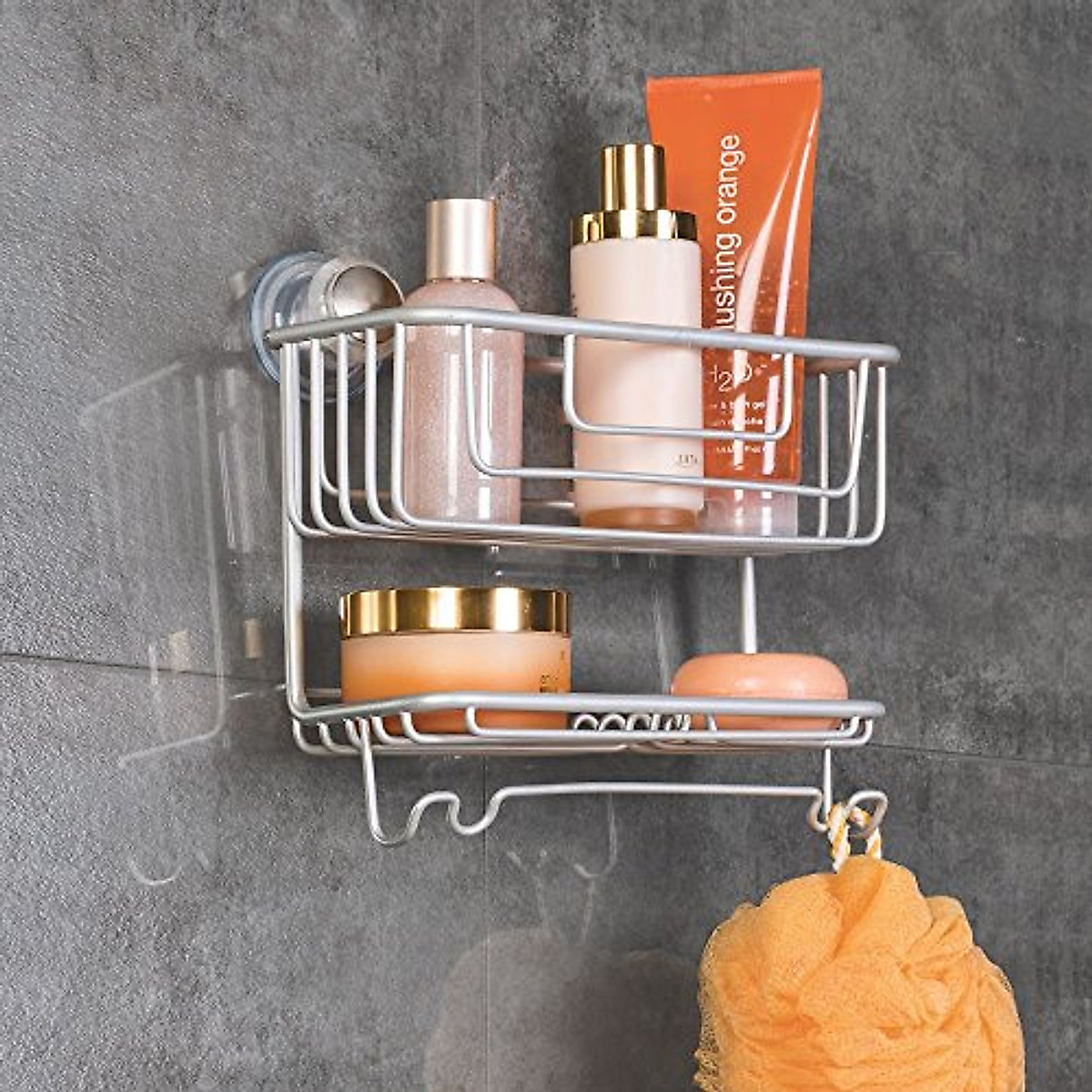 iDesign Metro Rustproof Aluminum Turn-N-Lock Suction, Bathroom Shower Combo Basket for Shampoo, Conditioner, Soap - 2 Tiers, Silver
