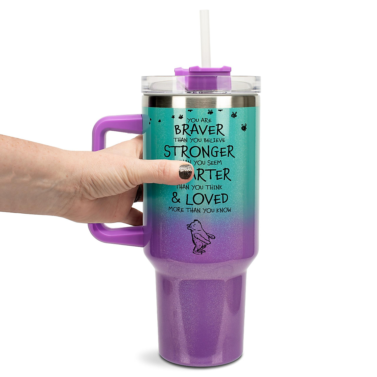 Elanze Designs Pooh Classic Bear Braver Stronger Smarter 40 oz. Stainless Steel, Large Water Bottle Coffee Mug, Spill & Leak Resistant, Thermal Travel Tumbler with Handle, Lid & Straw, Teal/Purple
