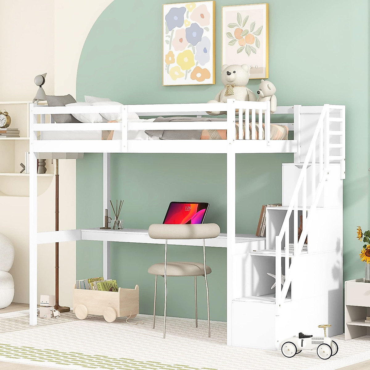 MERITLINE Twin Loft Bed with Desk and Stairs,Wooden Loft Bed Twin with Storage, Kids Loft Bed with Steps for Girls Boys Bedroom, Dorm(Twin,White)