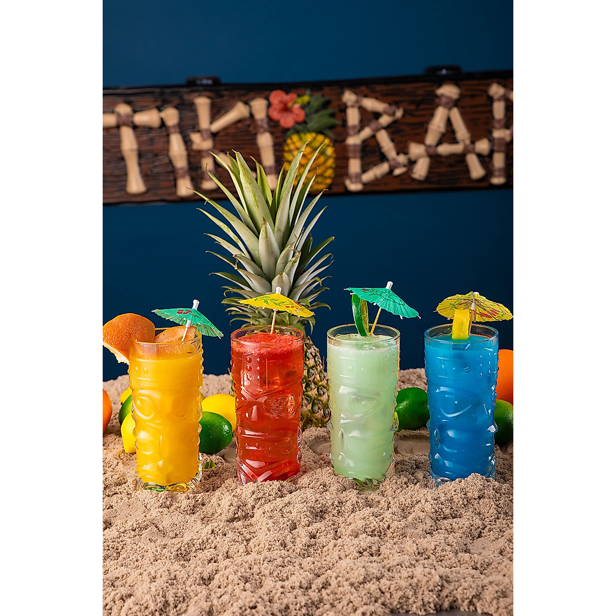 Clear Tiki Glasses, Set of 4 - 450 ML - Perfect for Exotic Cocktails, Lemonade, Ice Tea, Mixed Drinks- Exotic Zombie, Rum, Mai Tai, Pina Colada, Punch, Hurricane, Bar Drinkware