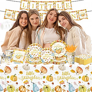 142Pcs Fall Baby Shower Decorations Little Pumpkin Baby Shower Decorations A Little Pumpkin is On The Way Baby Shower Tableware Sets Pumpkin Gender Reveal Thanksgiving Baby Shower Decorations