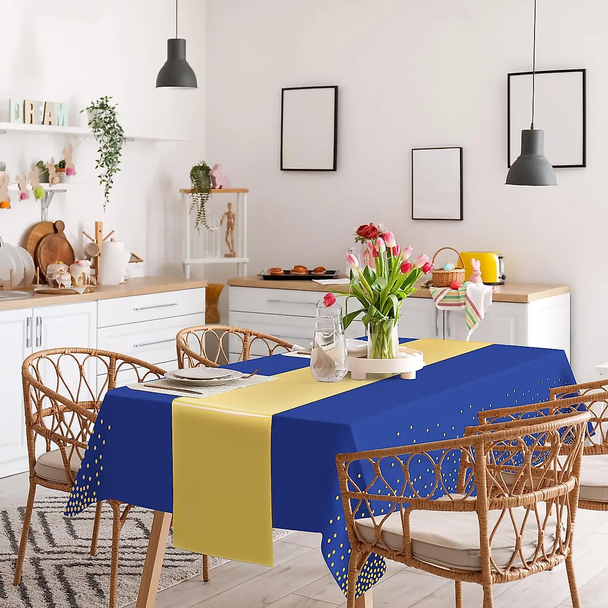 12 Pack Blue and Gold Tablecloth and Table Runner Party Decorations, Royal Blue and Gold Plastic Disposable Tablecloth and Satin Table Runner for Wedding Birthday Bridal Graduation Anniversary Party