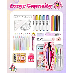 Bistup Pencil Case Pouch Pen Bag for School Cute Kawaii Girls Girly Cartoon Strawberry Teen Girls Zipper Pencil Pouches Large Stationary Bags 3 compartments with Lanyard+ID Badge Holder+Pen+Sticker