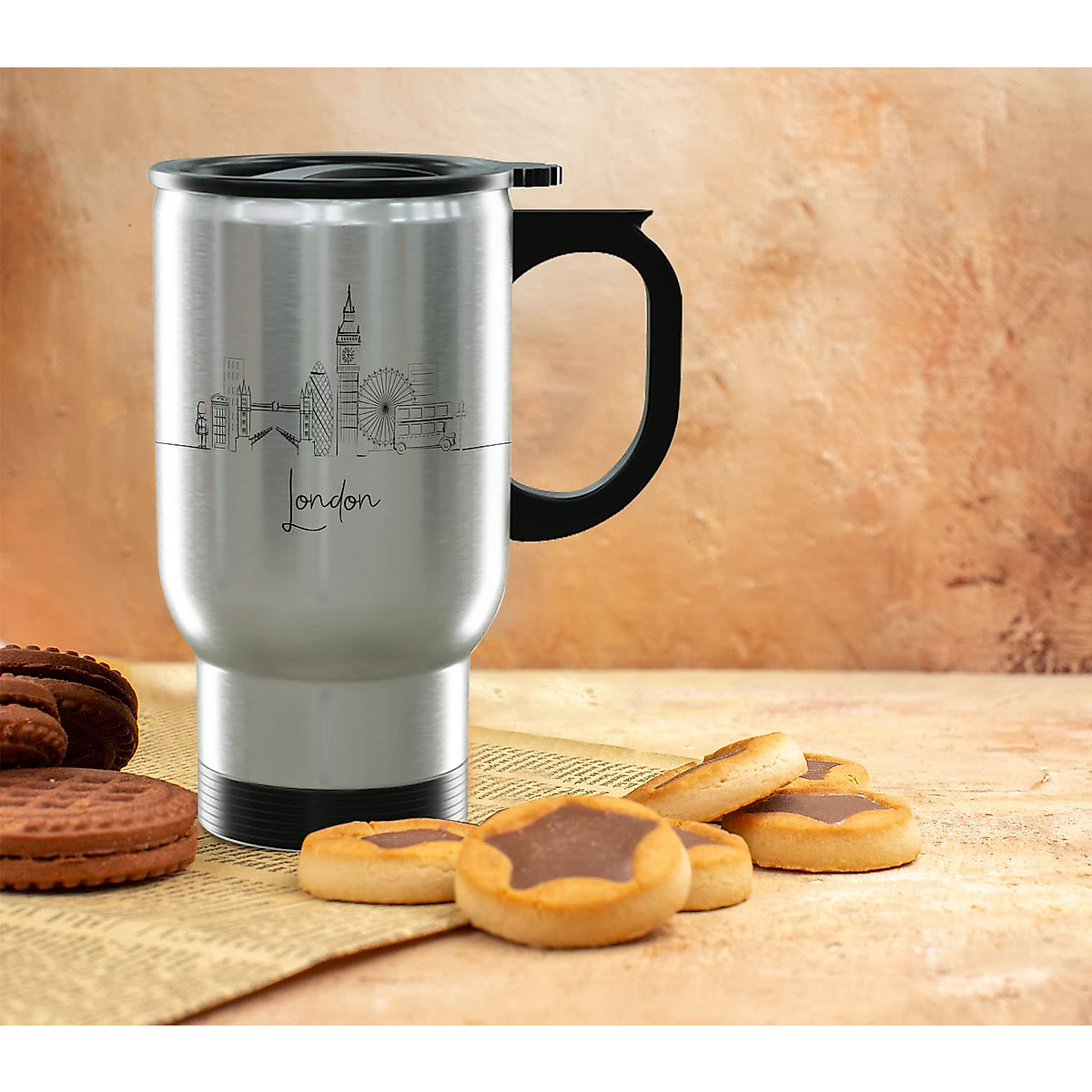 London England Gifts and Souvenirs - Travel Mug with Handle and Lid - London Graduation Unique Drinkware - 14oz Travel Mug Steel - Best United Kingdom Long Distance Gifts & Homesick Student Gifts