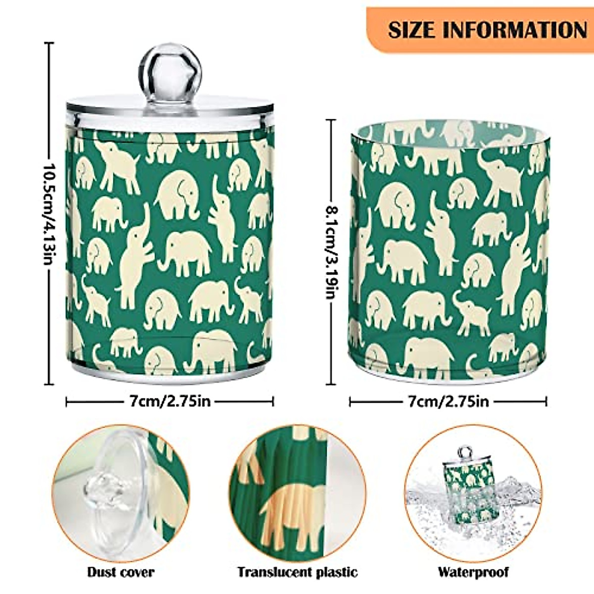 YYZZH Elephant Pattern Cartoon Design 4 Pack Qtip Holder Dispenser for Cotton Swab Ball Round Pads Floss 10 Oz Apothecary Jar Set for Bathroom Canister Storage Makeup Organizer