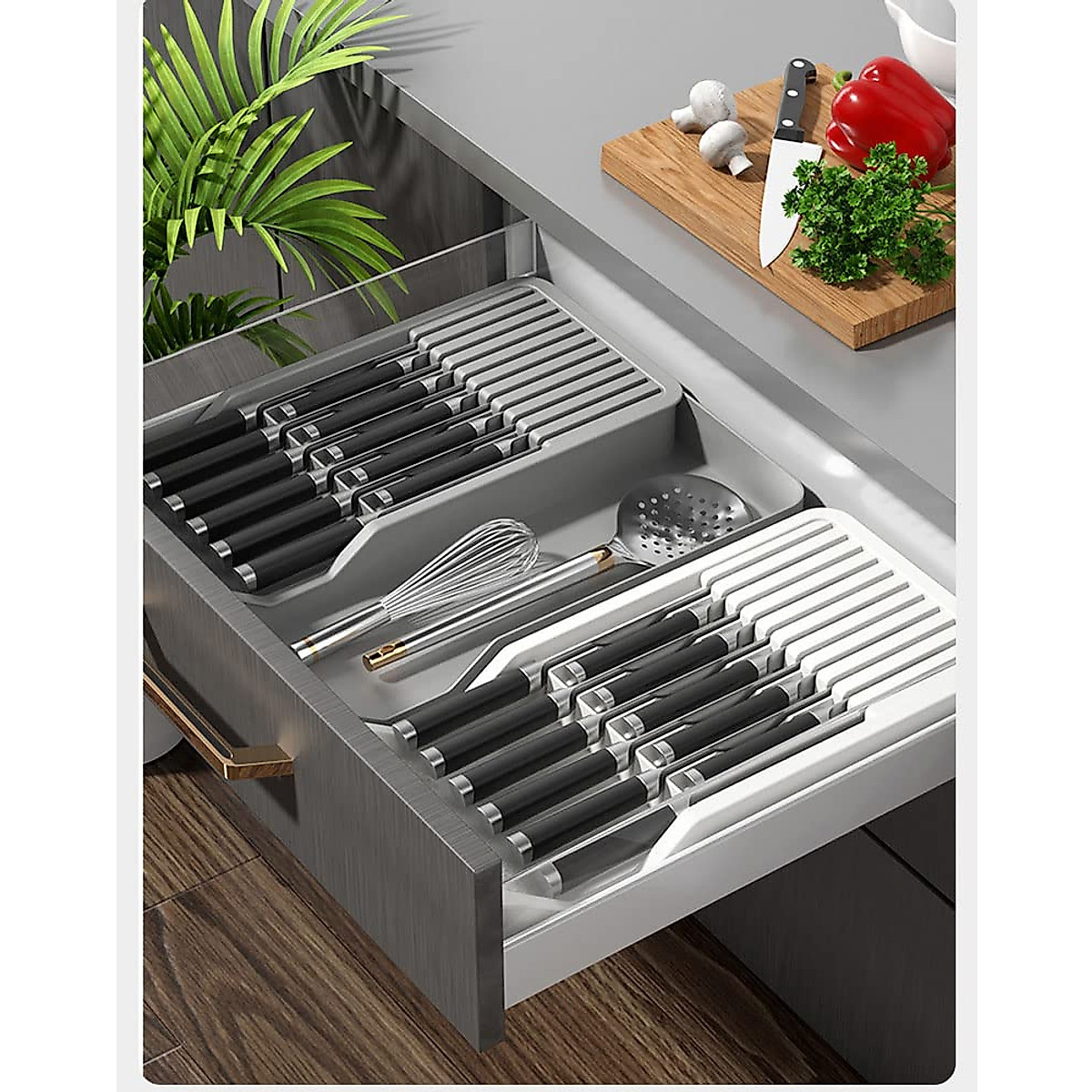 CYlovinho Kitchen Knife Drawer Organizer, Kitchen Drawer Organizer Insert Fixed 11 Knives (Without Knife), Save Space and Kitchen Safety (Gray)