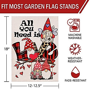 Furiaz All You Need is Love Gnomes Couple Valentine's Day Garden Flag, Buffalo Plaid Check Leopard Hearts Yard Anniversary Outdoor Decoration, Wedding Engagement Outside Small Decor Double Sided 12x18