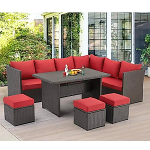 Generic 7 Piece Patio Conversation Set, Outdoor Sectional Sofa Rattan Wicker Dining Furniture, Gray (Red), dd1123