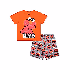 Sesame Street Elmo, Cookie Monster and Oscar Boys T-Shirt and Short Pants Set for Infant and Toddlers – White/Orange/Grey