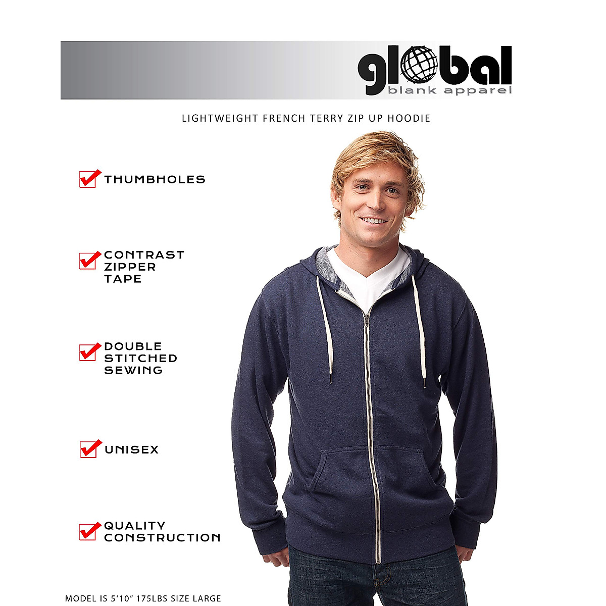 Global Blank Slim-Fit French Terry Sweatshirts for Men and Women, Lightweight Zip-Up Hoodie, Olive, XS