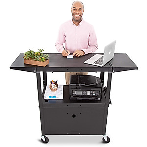 Line Leader Large AV Cart with Locking Cabinet & Drop Leaves, Rolling Height Adjustable Utility Cart with Pullout Laptop Keyboard Tray & Cord Management, Narrow Mobile Workstation (Black, 54 x 18)