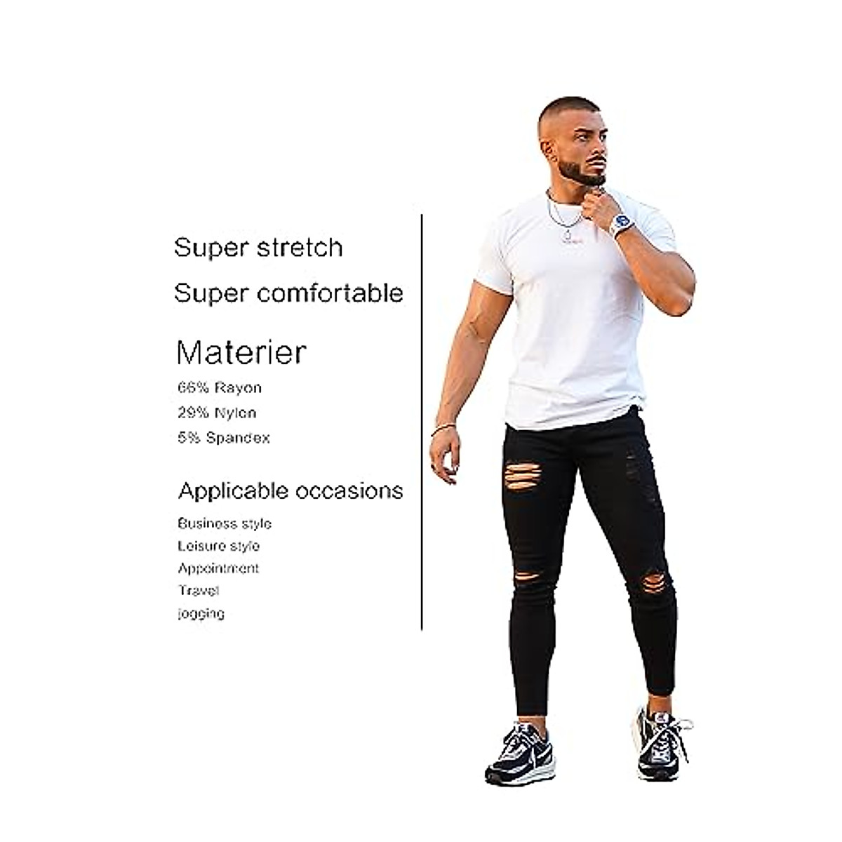 GINGTTO Skinny Fit Stretch Jeans for Men Destroyed Ripped Denim Jeans Black 30