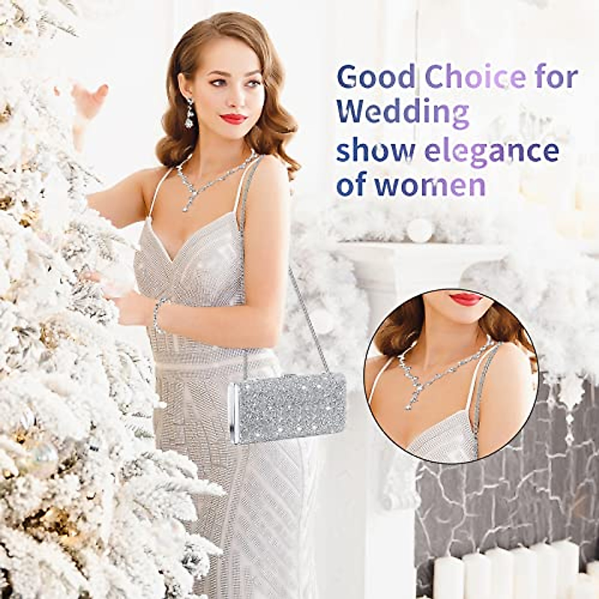4 Pieces Women Rhinestone Evening Clutch Bag Rhinestone Ear Clip Bridal Wedding Choker Bracelet Dangle Prom Jewelry Set for Women Silver Evening Bag Bling Glitter Purse for Girls Party (Elegant Style)