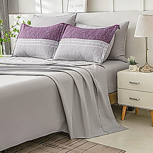 FLYMME Striped Patchwork Bed in a Bag 7 Pieces,Purple White Grey Stripe Pattern Full Size Comforter Set with Sheets, Soft Lightweight Bedding Sets Collections for All Season (Purple 80''x 90'')