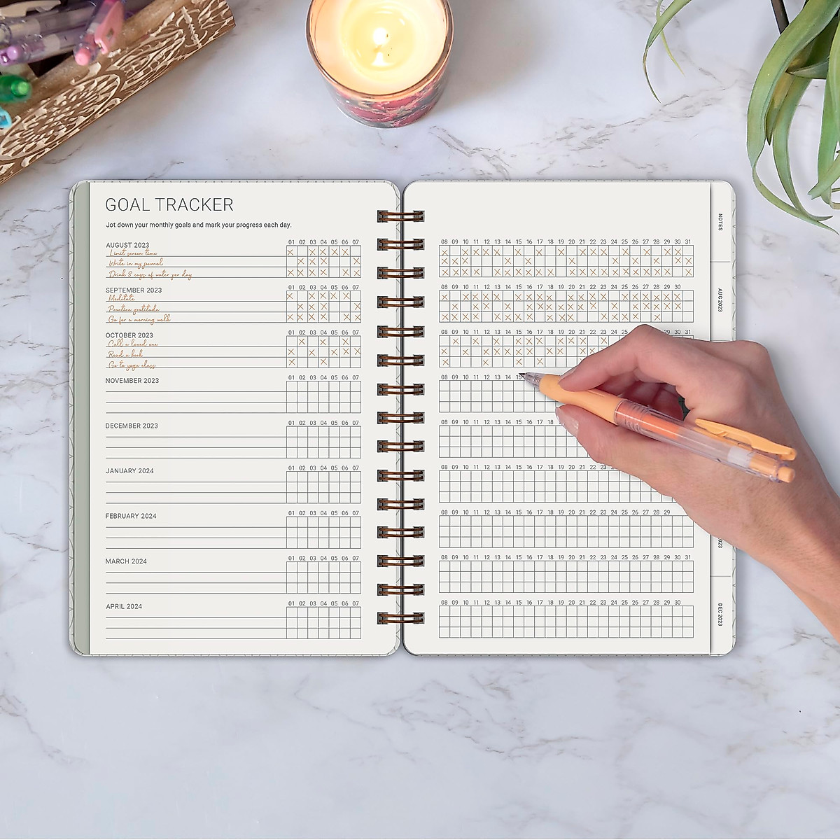 Orange Circle Studio Agatha 2024 Weekly Planner, Spiral Notebook, Weekly & Monthly Calendar Views, To Do List Notepad, Appointment, Budget & Goal Tracker, 17-Month Agenda for School/Work, Greige