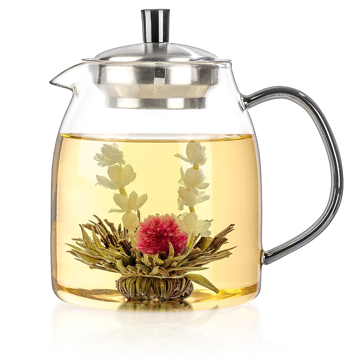Tealyra - 12 pcs Blooming Tea and 30.5-ounce Glass Teapot Set - 12 Variety Flavors of Finest Flowering Teas - All Tea Balls Individually Sealed - Great Gift Bloom Teas Box