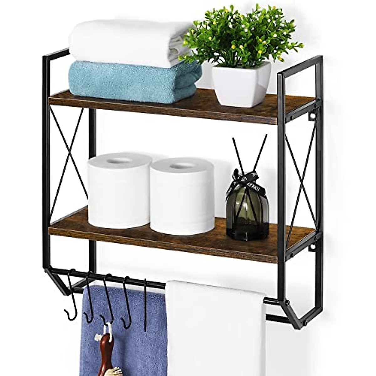 Bathroom Wall Shelf Wall Mounted Industrial 2 Tier Wood Bathroom Towel Rack with Towel Bar, 5 Metal Hooks Rustic Wall Hanging Toilet Storage Shelf for Kitchen, Bathroom, Brown