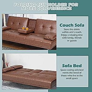 ARLIME Convertible Futon Sofa Bed, Faux Leather Sofa Sleeper W/Adjustable Backrest, Folding Cup Holder, Removable Armrests, Steel Leg, Modern Style Sofa Bed for Livingroom, Office, Apartment (Brown)