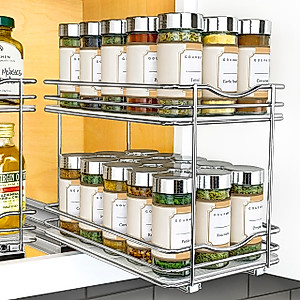 LYNK PROFESSIONAL® Pull Out Spice Rack Organizer for Inside Kitchen Cabinets - 6-1/4 inch Wide - Slide Out Drawer – Chrome Sliding Spice Cabinet Organization Shelf Racks - 2 Tier