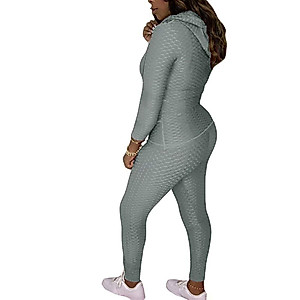 Fitness Exercise Workout Legging Clothes - Long Sleeve Zip Up Fitted Hoodies Top Long Skinny Pants Tracksuit Jogging Suits Grey S