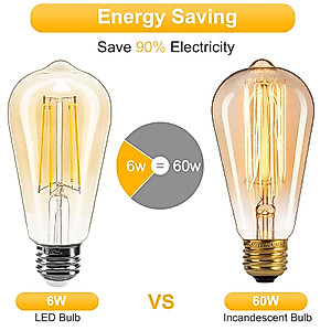 TopLeder Vintage LED Edison Bulbs 6W, Equivalent 60W Incandescent, Warm White 2700K, E26 Medium Base, Non-Dimmable, ST58 Antique LED Filament Bulbs with 80+ CRI, Amber Glass, Pack of 6